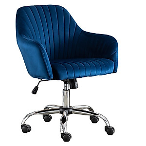 Warmiehomy Modern Home Office Chair with Wheels Mid-Back Upholstered Velvet Computer Task Chair for Small Space, Living Room, Make-up, Studying, Dark Blue Desk Chair
