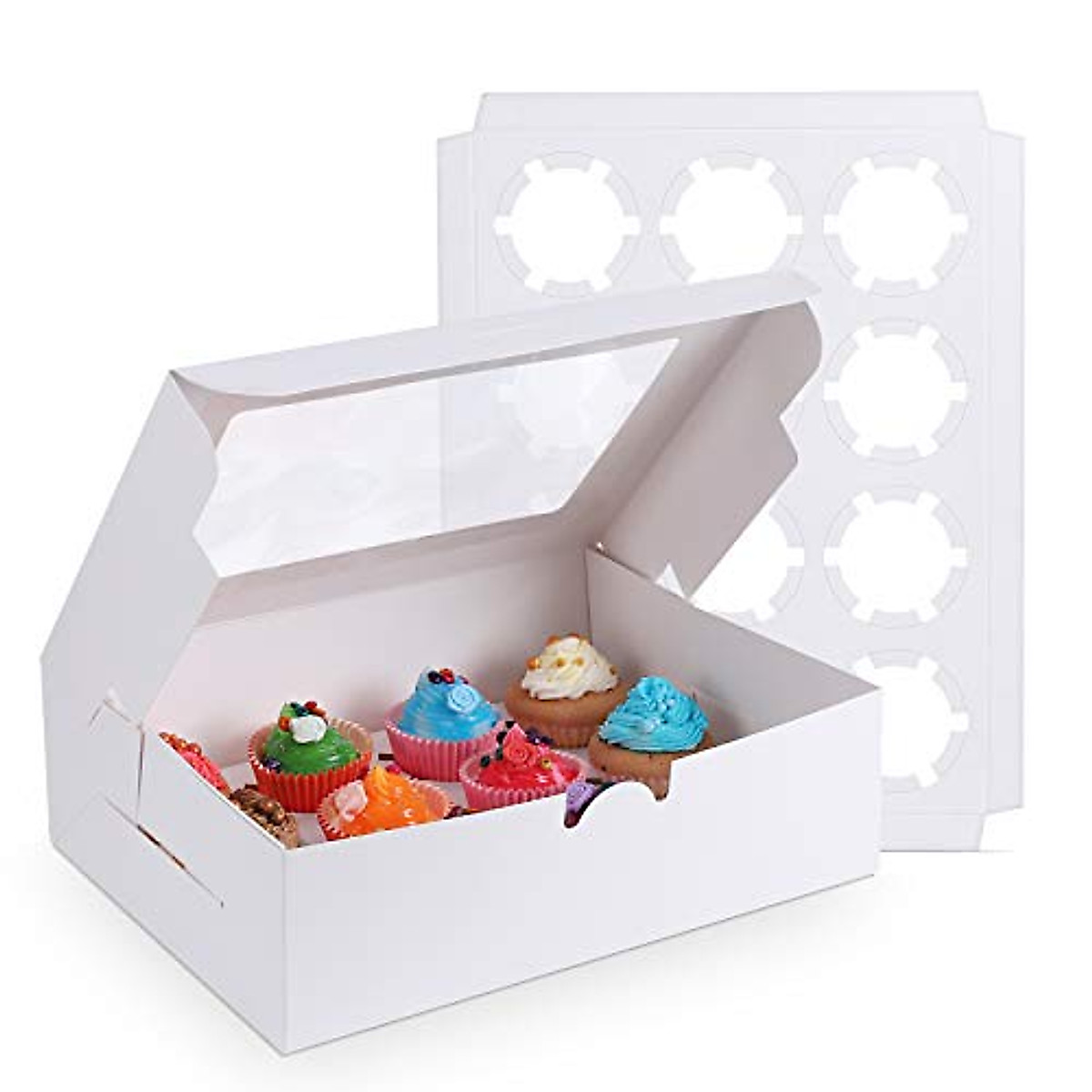 [15-Packs] White Cupcake Boxes 12 Holders Standard Cupcakes, Cupcake Containers Carrie Holders for Cookies, Muffins and Pastries13.8 x 9.5 x 4inch with Inserts and PVC Windows