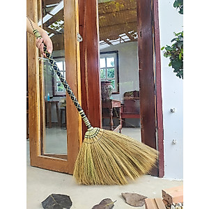 Natural Grass Thai Broom Indoor Outdoor, Vintage Retro Embroidered Woven Nylon,Handmade Broom,Housewarming Gift Witch Broom, Broomstick Bamboo Stick Handle,Kong Grass Broom,Durable Broom(Black)