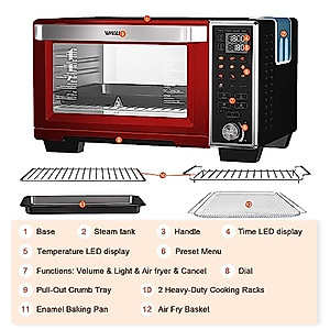 WHALL Toaster Oven Air Fryer, Max XL Large 30-Quart Smart Oven,11-in-1 Toaster Oven Countertop with Steam Function,12-inch Pizza,6 slices of Toast, 4 Accessories Included, Stainless Steel /1700W/R