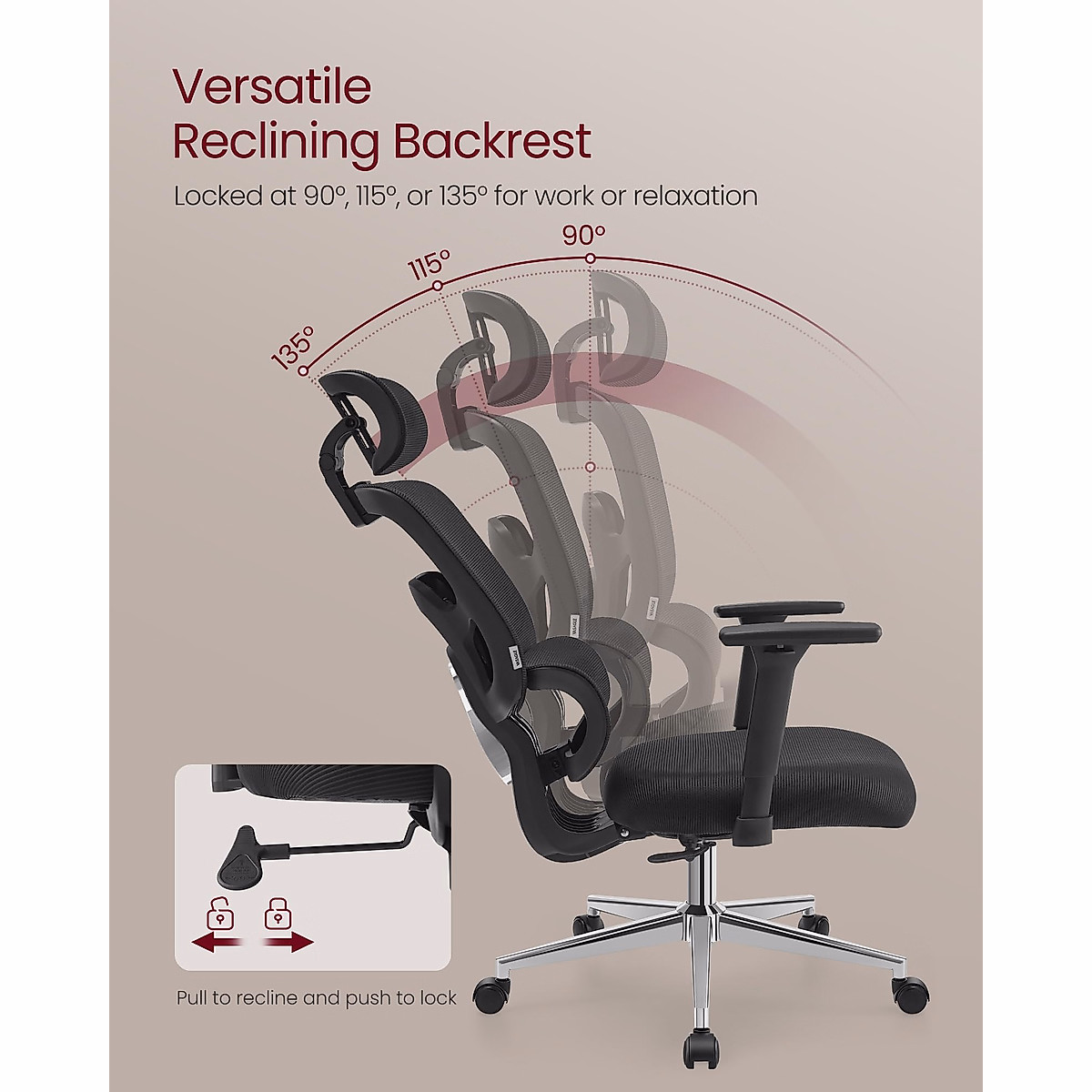 VASAGLE Ergonomic Office Chair, High Back Desk Chair, Mesh Computer Chair with Height Adjustable Lumbar Support, Adjustable 3D Headrest and Armrests, for Home Office, Ink Black UOBN070B21