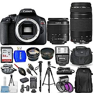 Canon EOS Rebel T7 4 Lenses 18-55mm + 75-300mm Bundle Includes: Extra Battery and Charger, 64GB Ultra SD, Flash, Filter Kit, Backpack, 72" Monopod, Wireless Remote and More