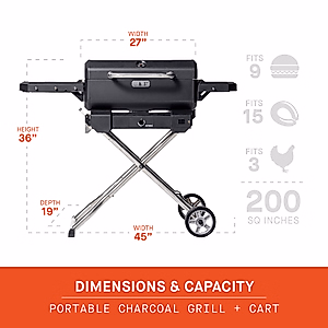 Masterbuilt® Electric Portable Charcoal Grill and Smoker with SteadyTemp Analog Temperature Control, Collapsible Cart and 200 Cooking Square Inches in Black, Model MB20040722