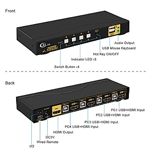 CKLau KVM Switch HDMI 4 Port wit Audio and 4 kit Cables, 4 Port HDMI KVM Switch Support 4K@60Hz 4:4:4, EDID, Hotkey Switching