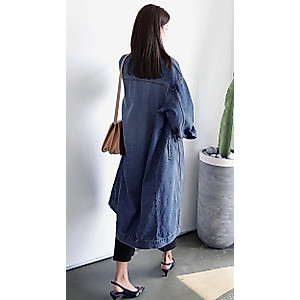 Jofemuho Womens Classic Jean Jacket Plus Size Loose Long Sleeve Button Down Denim Trench Coat Blue XL