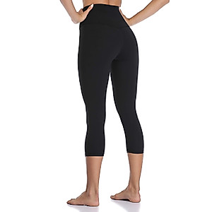 YUNOGA Women's Buttery Soft 21" Inseam Yoga Pants, High Waisted Tummy Control Workout Running Capri Leggings (L, Black)