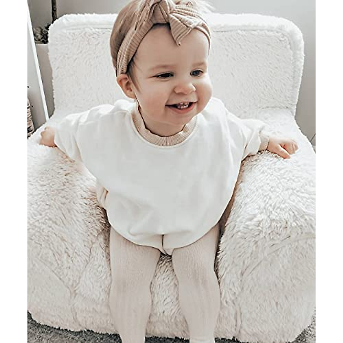Sweatshirt Romper for Infant Baby Girl Boy Long Sleeve Crewneck Oversized Bodysuit Waffle Fall Winter Pullover Top (Solid Beige, 0-6 Months)