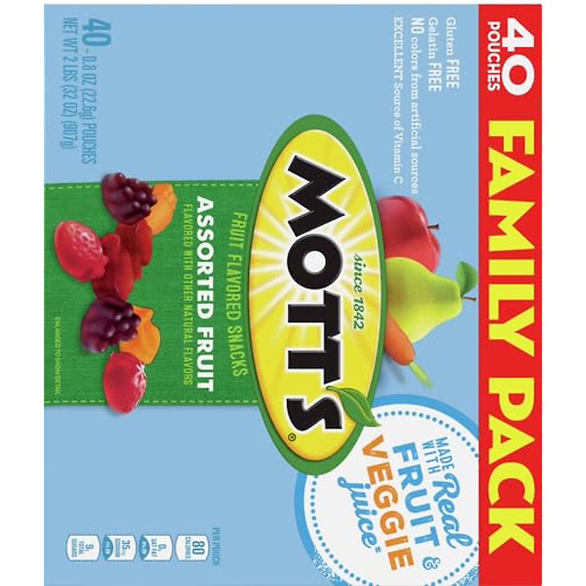 Mott's Fruit Flavored Snacks, Assorted Fruit, Pouches, 0.8 oz, 40 ct
