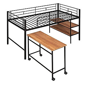 Harper & Bright Designs Low Loft Bed with Desk, Twin Size Metal Loft Bed Frame with Storage Shelves for Kids (Twin Size, Black)
