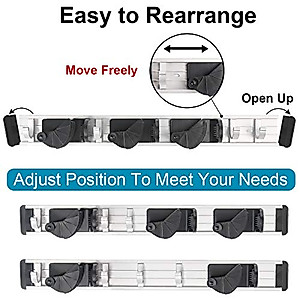 Mop Broom Holder Wall Mount, Metal Broom Organizer Storage Rooms Garage Garden Kitchen Tool Clean Tools Organizer Non-slip Wall Hanger(4 Adjustable Slots & 4 Hooks, Black)