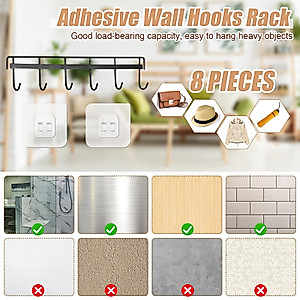 JaGely 8 Pcs Kitchen Utensil Hanger Rack Adhesive Wall Hooks Rack with 6 Hooks Space Saving Wall Mounted Without Drilling Hanger for Kitchen Bathroom Bedroom(Black)