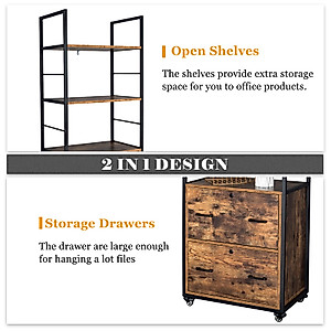 VINGLI 2 Drawer Veritical File Cabinet with Open Shelves and Wheels, Wooden Filing Cabinet with Lock, Industrial Bookshelf, File Cabinet for Home Office, Letter/Legal Size, Rustic Brown