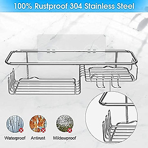 AriesBaby Shower Caddy Basket Shelf by 2Pack,SUS304 Stainless Steel for Bathroom Organizer with 11Hook and Soap Dish,Without Drilling, Shelf Adhesive be Fixable,Storage Organizer Dorm,Kitchen, Silver