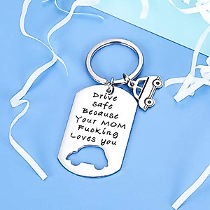 Funny New Driver Gift Drive Safe Your Mom Loves You Keychain for Son Daughter from Mom Dad Stocking Stuffer Trucker BFF 16th Birthday Gift Promise Keyring Valentine for Teens Adult Boys Girls Him Her