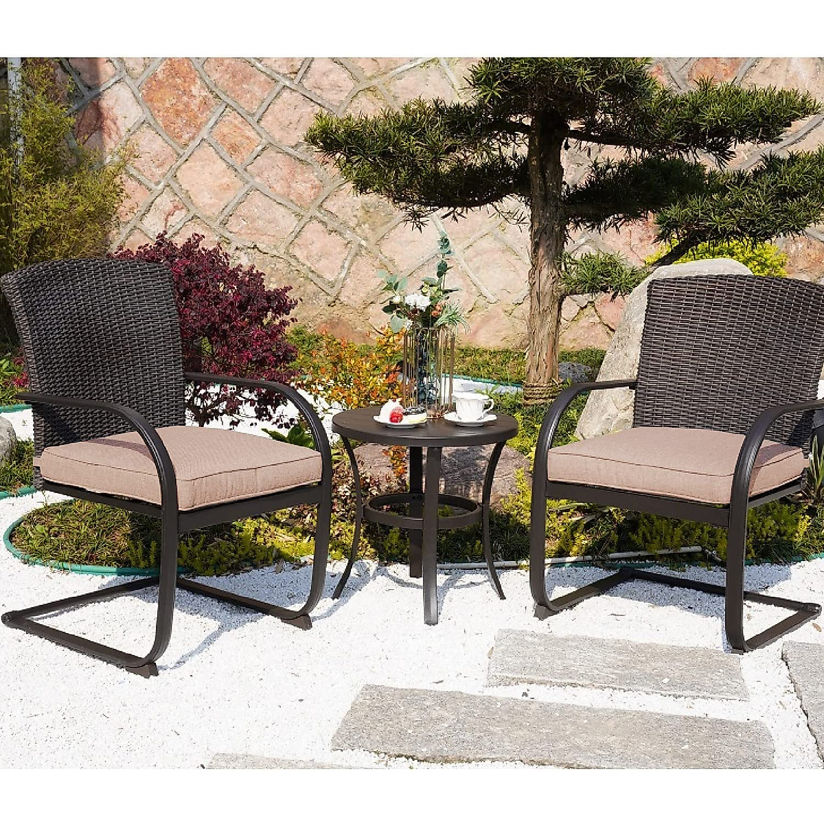 Grand patio 2 Piece Outdoor Wicker Dining Chairs, Spring Patio Furniture Dining Chairs Set of 2 with Cushions for Garden Pool Backyard Lawn, Beige