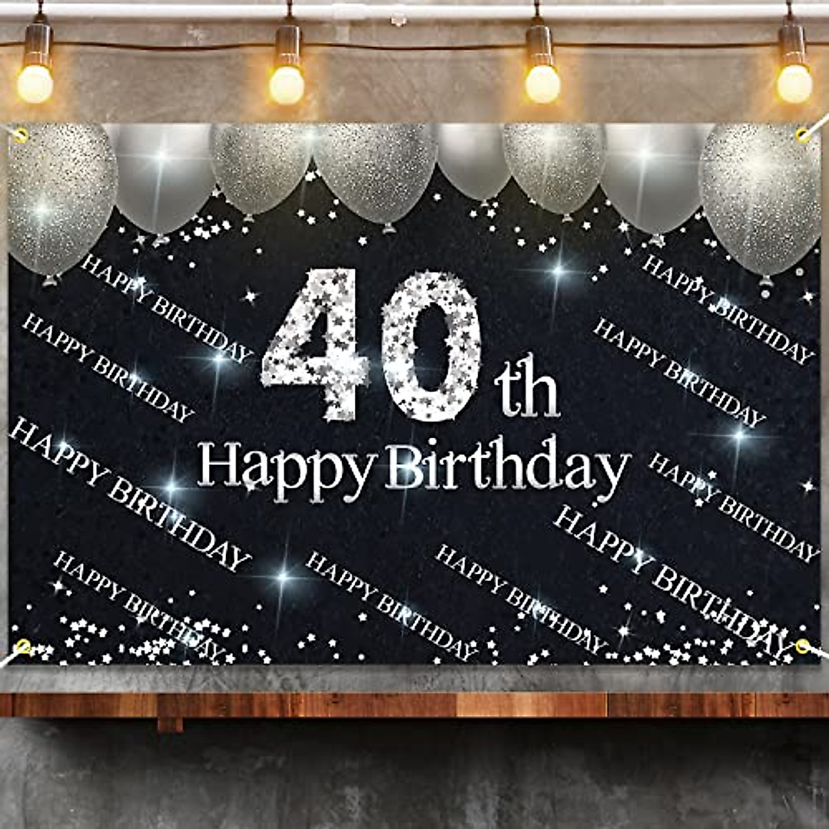 Silver and Black Happy 40th Birthday Backdrop Banner Decorations for Women Men 40 Years Old Bday Background Photography Party Decor Sign Supplies