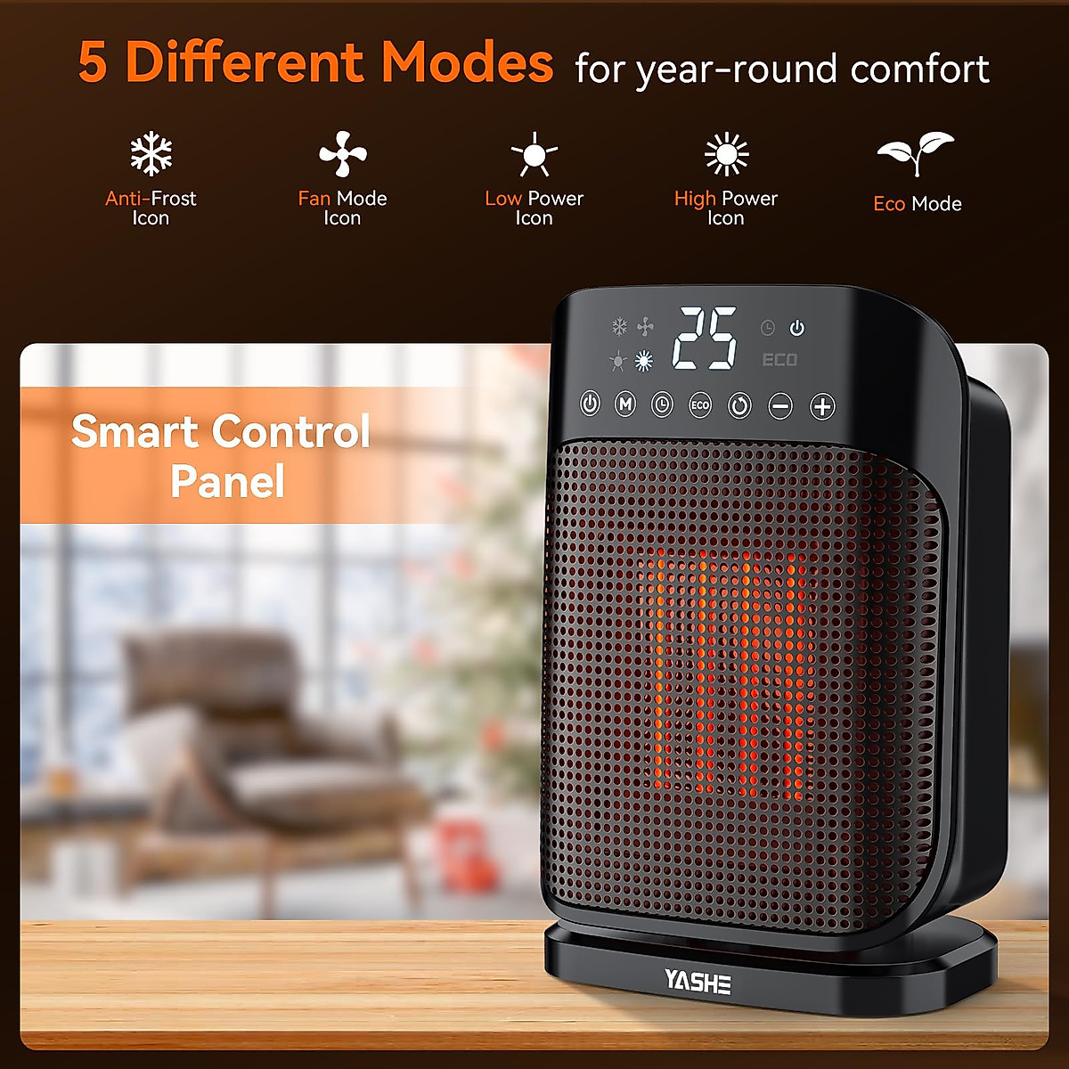 YASHE Space Heater, 1500W Portable Electric Heater for Indoor Use with Thermostat, 75° Oscillation, Digital Display, Remote Control, 24H Timer, ECO Mode, Fast Ceramic Heating for Home, Office, Bedroom