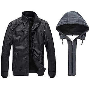 wantdo Men's Spring Faux Leather Jacket with Hood Outdoor Jacket Black Large (Lightweight)