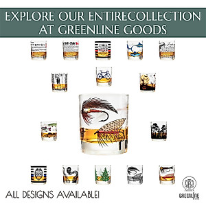 Greenline Goods – Fly Fishing Glass Set for Fisherman and Outdoorsman – Fly Lures Themed 10 oz Whiskey Drinking Glass Set of 2