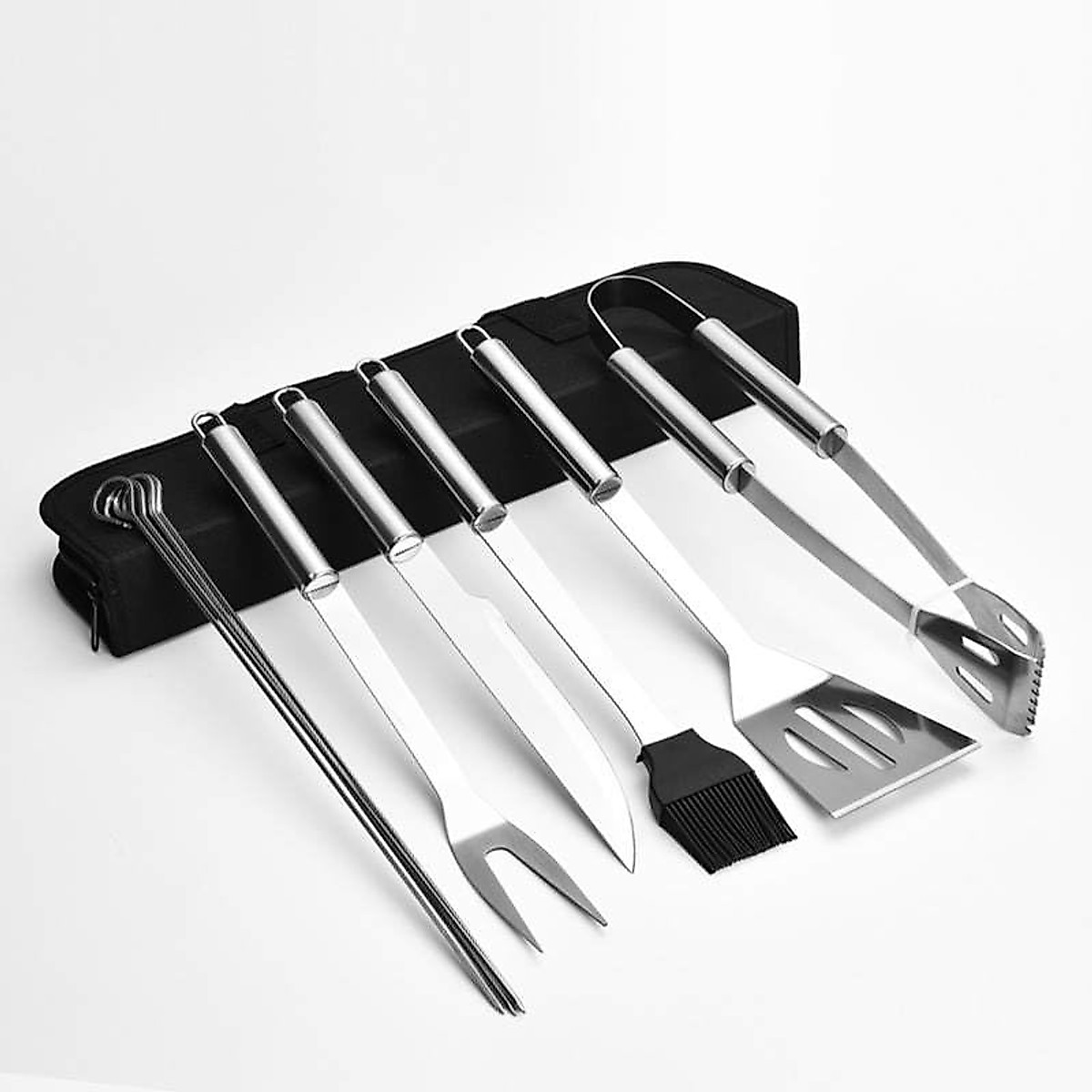 Dusted Lightweight Stainless Steel 6 Piece Travel Grill Utility Set - Spatula, Tongs, Fork, Brush, Knife, Skewers, Canvas Bag, Perfect for Grilling at Home Or On The Go