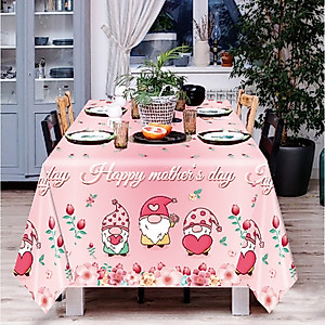 FANPROMS Mother's Day Tablecloth Rectangle 2 Pack 54x108 Inch Pink Tulip Table Cloth for Happy Gnomes Table Cover Waterproof Disposable Tablecloth for Best Mom Day Party Dinner Decor