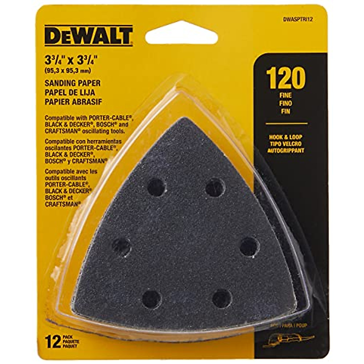 DEWALT DWASPTRI12 Hook and Loop Triangle 120 Grit Sandpaper, 12-Pack , Black