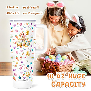 winiwo 40 oz Easter Tumbler with Handle and Straw, Easter Gifts for Kids, Rabbits Lover, Bunny Insulated Tumbler for Hiding Candy Chocolate Eggs, Stainless Steel, Available Gift Wrapping (White)