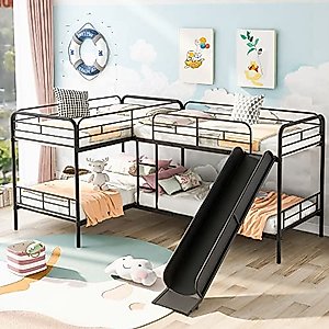 Metal Twin Size L-Shaped Bunk Bed with Slide and Ladder Quality Steel Slats Support Black Modern Contemporary Tv-Movie Character Hidden Storage Includes Hardware