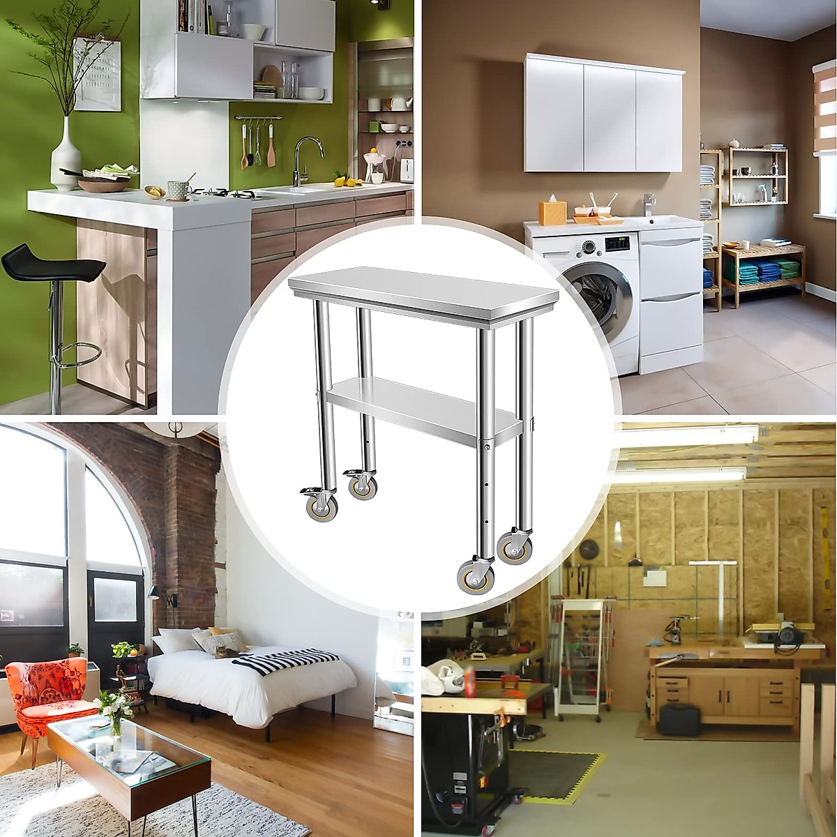 Hasopy Stainless Steel Table for Prep & Work 30 x 12 Inches with Caster Wheels, NSF Commercial Heavy Duty Table with Undershelf and Galvanized Legs for Garage Restaurant Home and Hotel