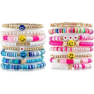 Women Girls Teens Preppy Bracelets Bohemian candy color Polymer Clay pearl Rice Bead bracelet Smile Smiley face star charm summer vacation bracelet