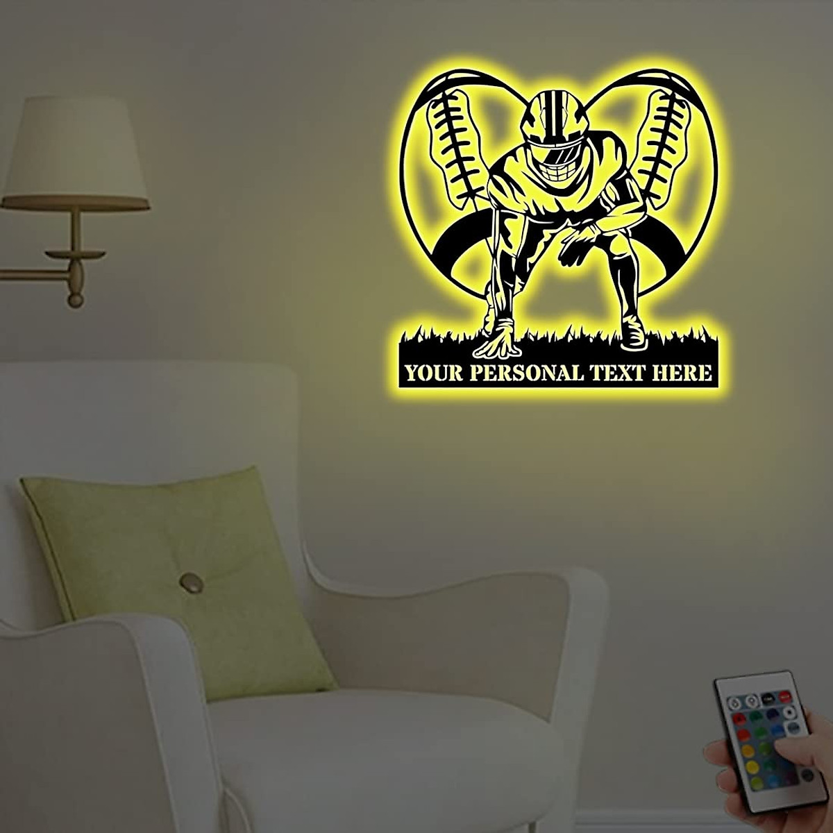 Amabery Personalized Wooden LED Wall Hanging Football Sign Night Light Custom Name Rugby Lamp with 16 Changing Colors,Deal for Kids & Adults for Room Living Room Home Decoration (Football Sign-6)