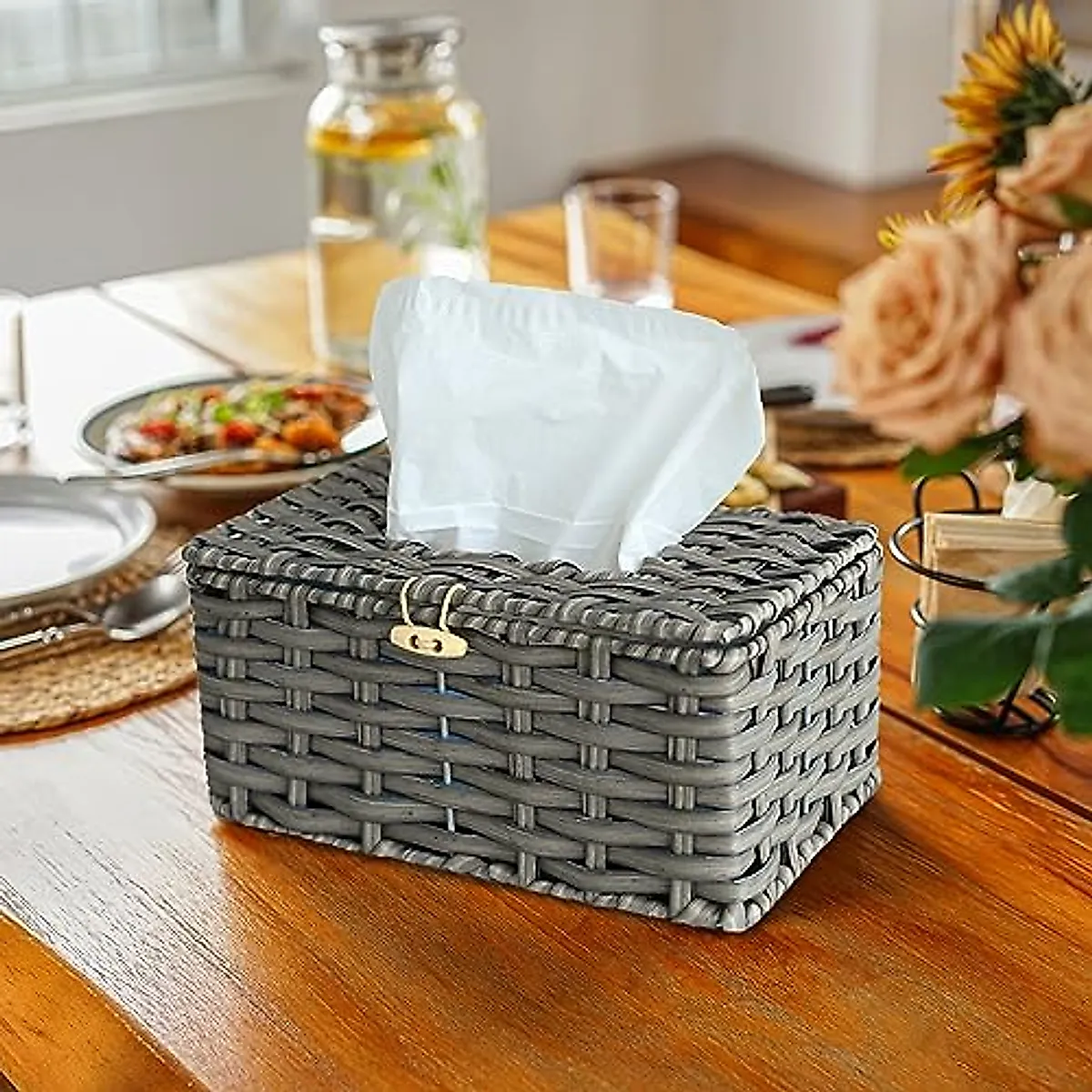 GRANNY SAYS Tissue Box Cover Rectangle, Tissue Box Holder, Tissue Holder for Bathroom, Decorative Wicker Tissues Cube with Elastic Toggle Closure, Tissue Cover Box for Toilet, Gray