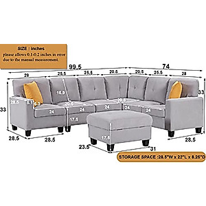 asunflower Modular Sectional Sofa with Storage Ottman 6 Seater Modular Couch Furniture Set for Living Room Velvet Corner Sectional Couch for Home & Office, Small Spaces, Grey