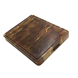 Acacia 17 x 13 x 2” Extra-Large End Grain Cutting Board with Juice Groove & Hand Grips Luxury Fancy XL Thick Reversible Dark Wood Butcher Block Chopping Carving Serving Platter Tray Birthday Gift Idea