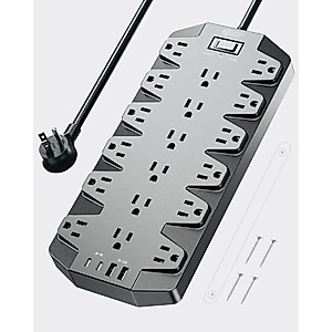 Power Strip, SUPERDANNY Surge Protector 18 AC Outlets and 4 USB Ports with 6.5ft Heavy Duty Flat Plug Extension Cord(15A/1875W), Universal Voltage 110-240V for Home Office Dorm, Silver