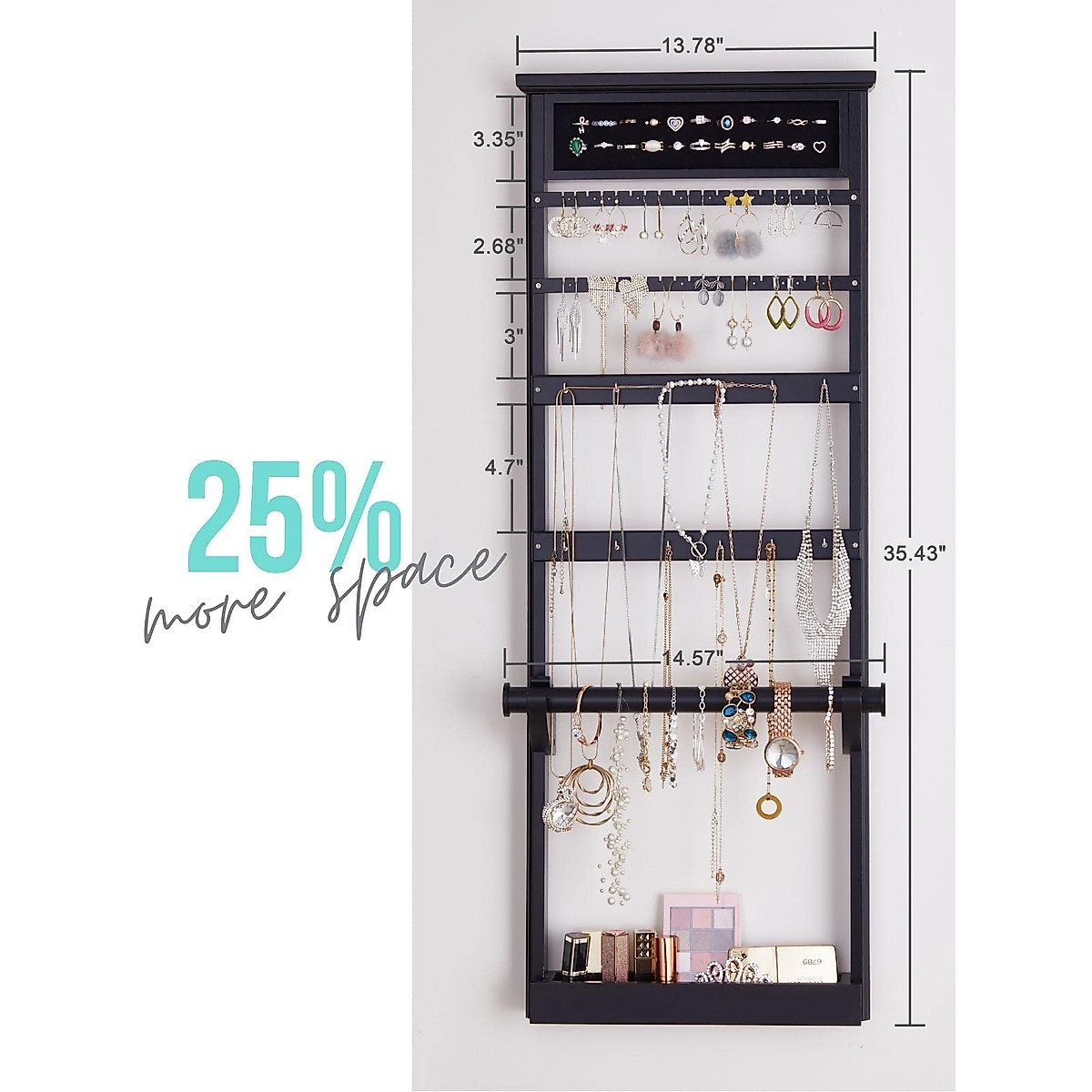 LUXFURNI Jewelry Organizer Holder Wall Mount Door Hanging Jewlery Storage, Display for Necklaces Bracelet Earrings Ring with wood tray(Black)