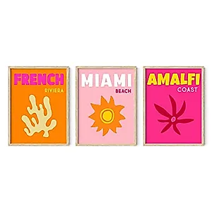 HAUS AND HUES Preppy Wall Art - Set of 3 Colorful Framed Art, Travel Wall Decor Preppy Decor, Trendy Wall Art, Bright Wall Art For Living Room, Beach Posters For Walls, (12x16, Beige Framed)