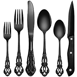 Aswwid 48 Pieces Black Silverware Set for 8, Retro Royal Flatware Set with Steak Knives, Gorgeous Stainless Steel Cutlery Utensil Set Include Forks Spoons and Knives, Mirror Finish,Dishwasher Safe