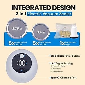 Electric Mason Jar Vacuum Sealer Kit, 3-in-1 Strong Suction, Handheld Rechargeable Sealer for Wide and Regular Mouth Mason Jars, Vacuum Bags, Jar Vacuum Sealer for Food Storage, Canning (White)