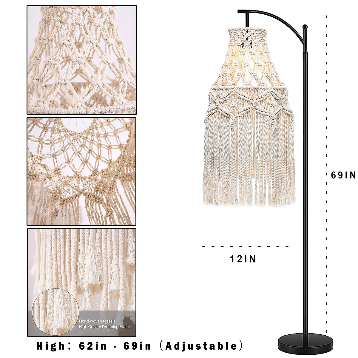 QIYIZM Boho Floor Lamp for Living Room Bedroom,Bohemian Standing Lamp with Control and Dimmable RGB Bulb,Farmhouse Adjustable Floor Light,Macrame Fringe Lamp Shades,Modern Arc Tall Lamp（Colorful Bulb）