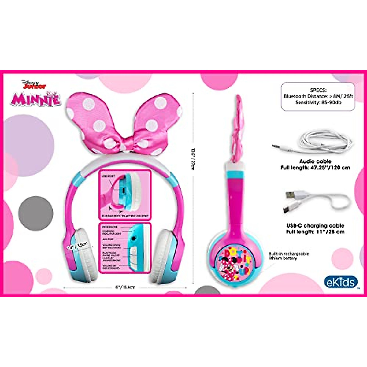 eKids Minnie Mouse Kids Bluetooth Headphones, Wireless Headphones with Microphone Includes Aux Cord, Volume Reduced Kids Foldable Headphones for School, Home, or Travel