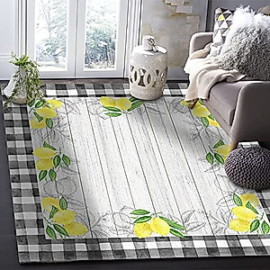 AmbeHome Large Area Rug 5' x 7' Bedroom Rugs, Lemon Runner Rug Non Slip Kitchen Rug Washable Floor Carpet Mat for Living Room Bathroom Outdoor Summer Farmhouse Wooden Grain Checkered