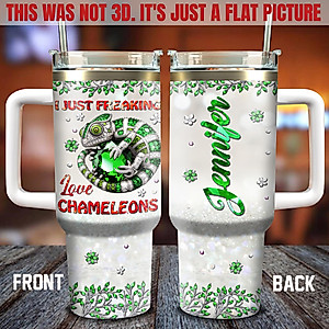 WAZONE Personalized Chameleon Tumbler 40oz with Handle and Straw Custom Name I Just Freaking Love Chameleons Stainless Steel Tumblers Jewelry Style Travel Mug Gifts for Women Animal Lovers