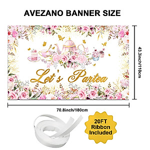 Avezano Tea Party Backdrop Floral Butterfly Glitter Let's Partea Banner Afternoon Tea Baby Shower Birthday Party Decorations 70.8 x 43.3 Inch (Pink)