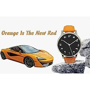Hebrew Numbers Watch Has Large Size Polished Chrome Case with Black Dial and Orange Stitched Leather Strap