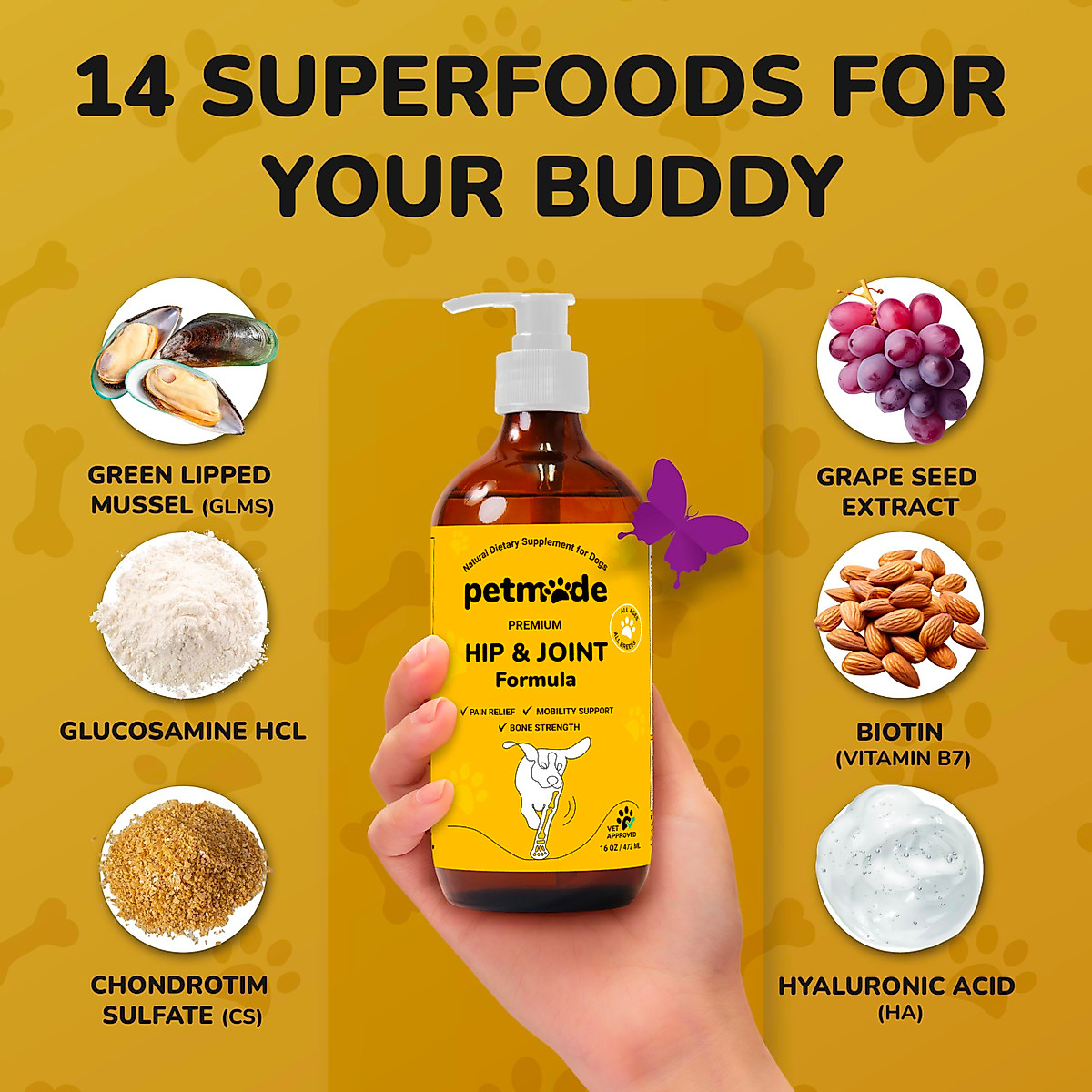 PetMade Dog Hip and Joint Supplement - Junior and Senior Dog Supplements for Mobility, Flexibility Support and Bone Strength, Deluxe Glucosamine Chondroitin for Dogs, 16 oz