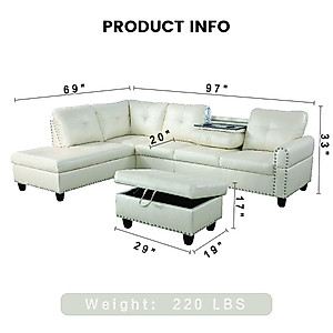 GEBADOL 97" Wide Rivet Designed L-Shaped Sofa Set 3 Pieces Faux Leather Couch and Chaise with Extra Storage Ottoman for Living Room/Office/Apartment (Left-Hand Facing, White)