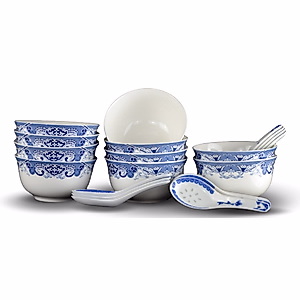 10 Pcs Fine Bone China Blue and White Chinese Soup Bowls Ceramic Porcelain Bowl, with Free 10 Porcelain Spoons Rice Bowl