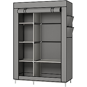 Calmootey Closet Storage Organizer,Portable Wardrobe with 6 Shelves and Clothes Rod,Non-Woven Fabric Cover with 4 Side Pockets,Grey