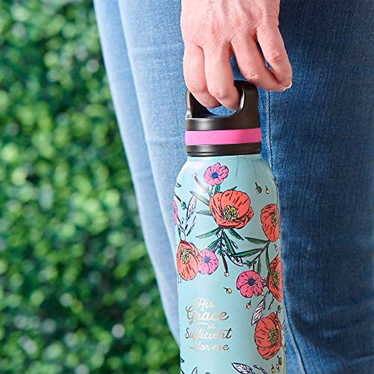Christian Art Gifts Stainless Steel Double Wall Vacuum Insulated Water Bottle for Women: His Grace is Sufficient - 2 Corinthians 12:9 Inspirational Verse w/Carry Handle Lid, Teal Multi Floral, 24 oz.